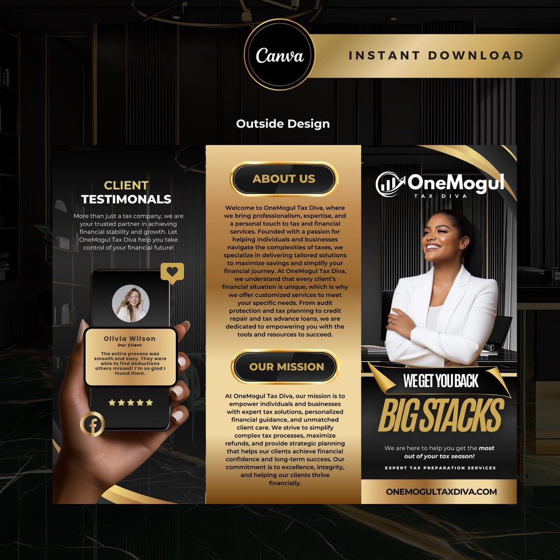 Tax Prep Trifold Brochure Template, Gold & Black Design (DIY Canva) - Etsy