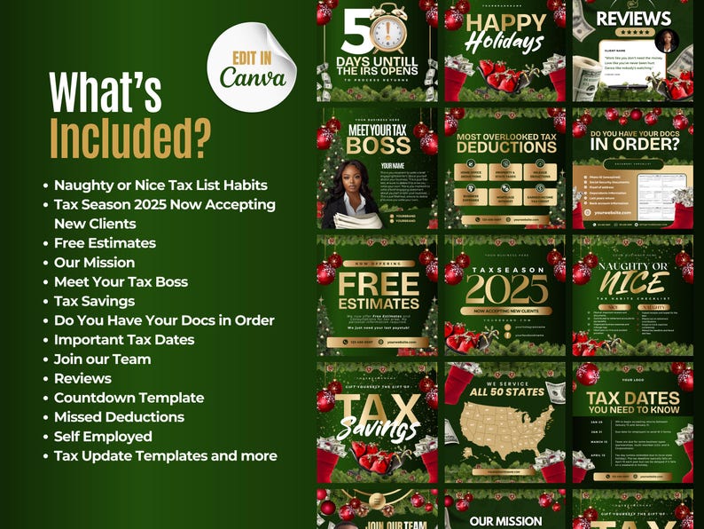 Tax Prep Social Media Templates, Green & Gold Christmas (edit in Canva ...
