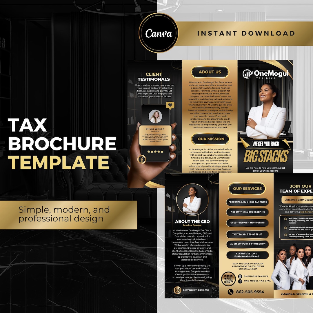 Tax Prep Trifold Brochure Template, Gold & Black Design (DIY Canva) - Etsy