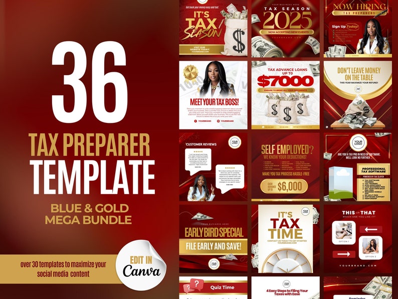 Red and Gold Tax Prep Templates, Social Media Flyers (canva DIY) - Etsy