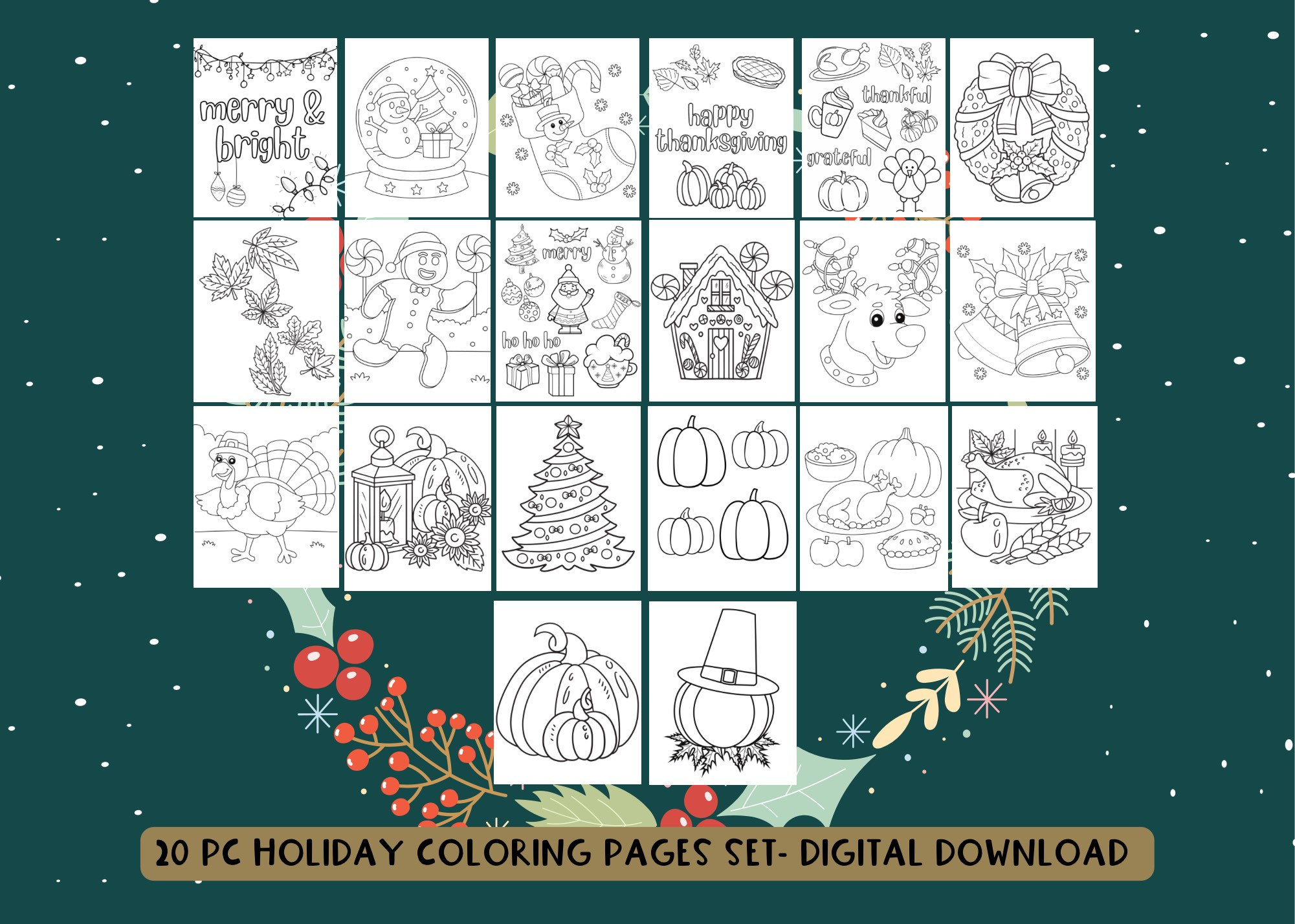 20 Pc Holiday Coloring Bundle / Coloring Pages / Christmas Coloring ...