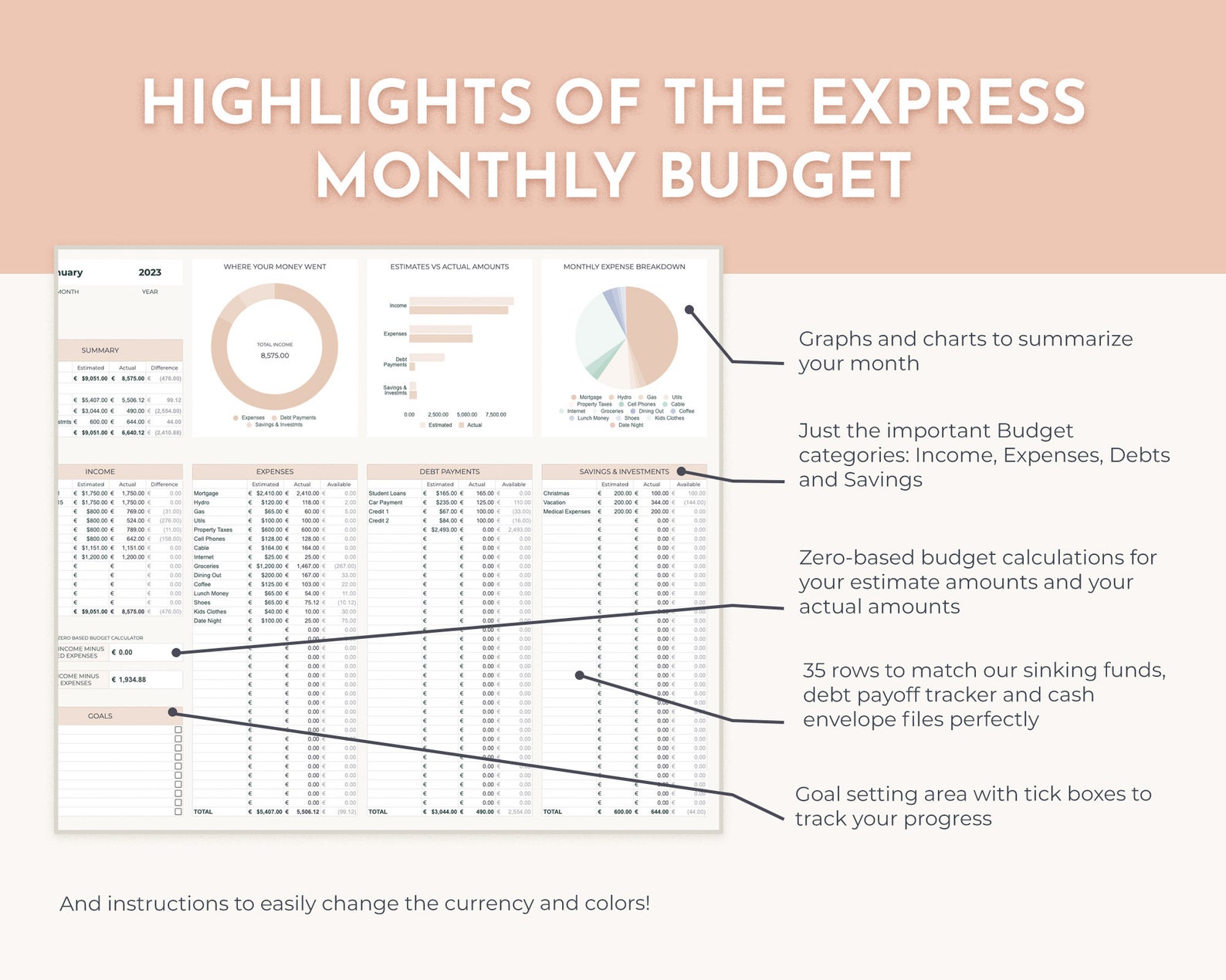 Express Monthly Budget Spreadsheet, Google Sheets Easy Budget Template ...