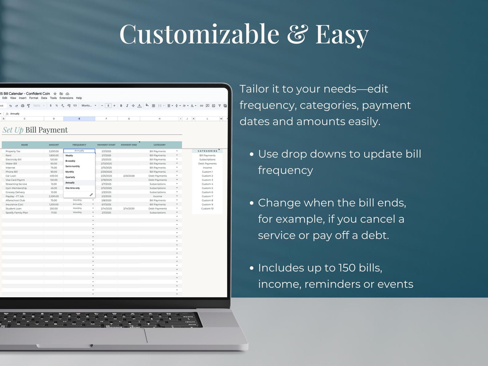2025 Monthly Bill Calendar: Google Sheets Budget Planner (digital ...