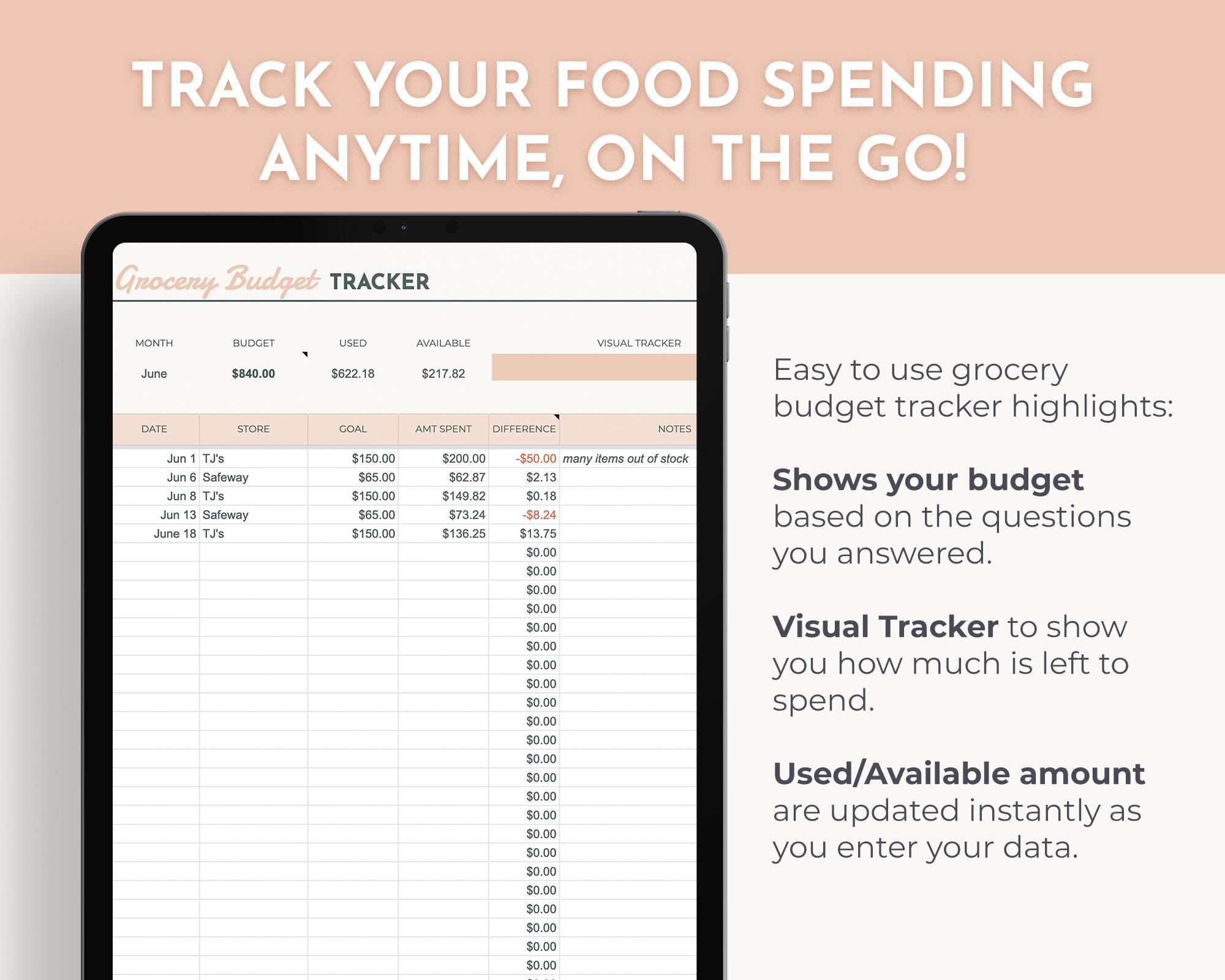 Simple Digital Meal Planner, Grocery List and Budget, Instant Download ...