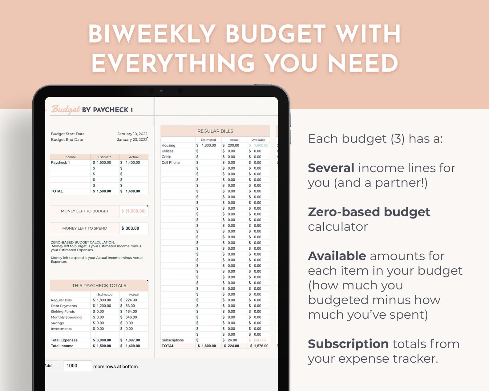 Ultimate Bi-weekly Budget by Paycheck Spreadsheet Template for Google ...
