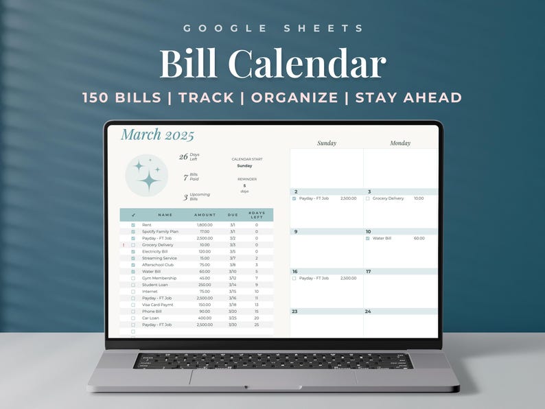 2025 Monthly Bill Calendar: Google Sheets Budget Planner (digital ...