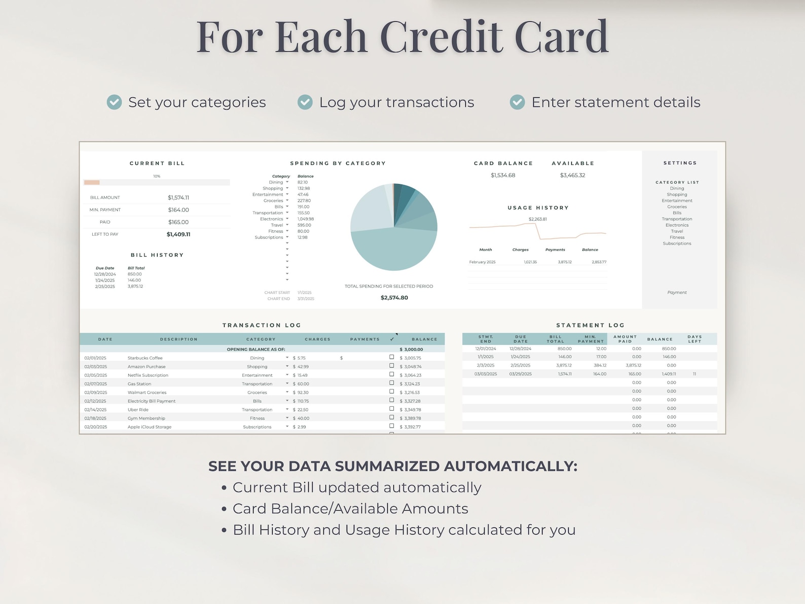 Credit Card Tracker Log Template, Personal Finance Spreadsheet, Expense ...