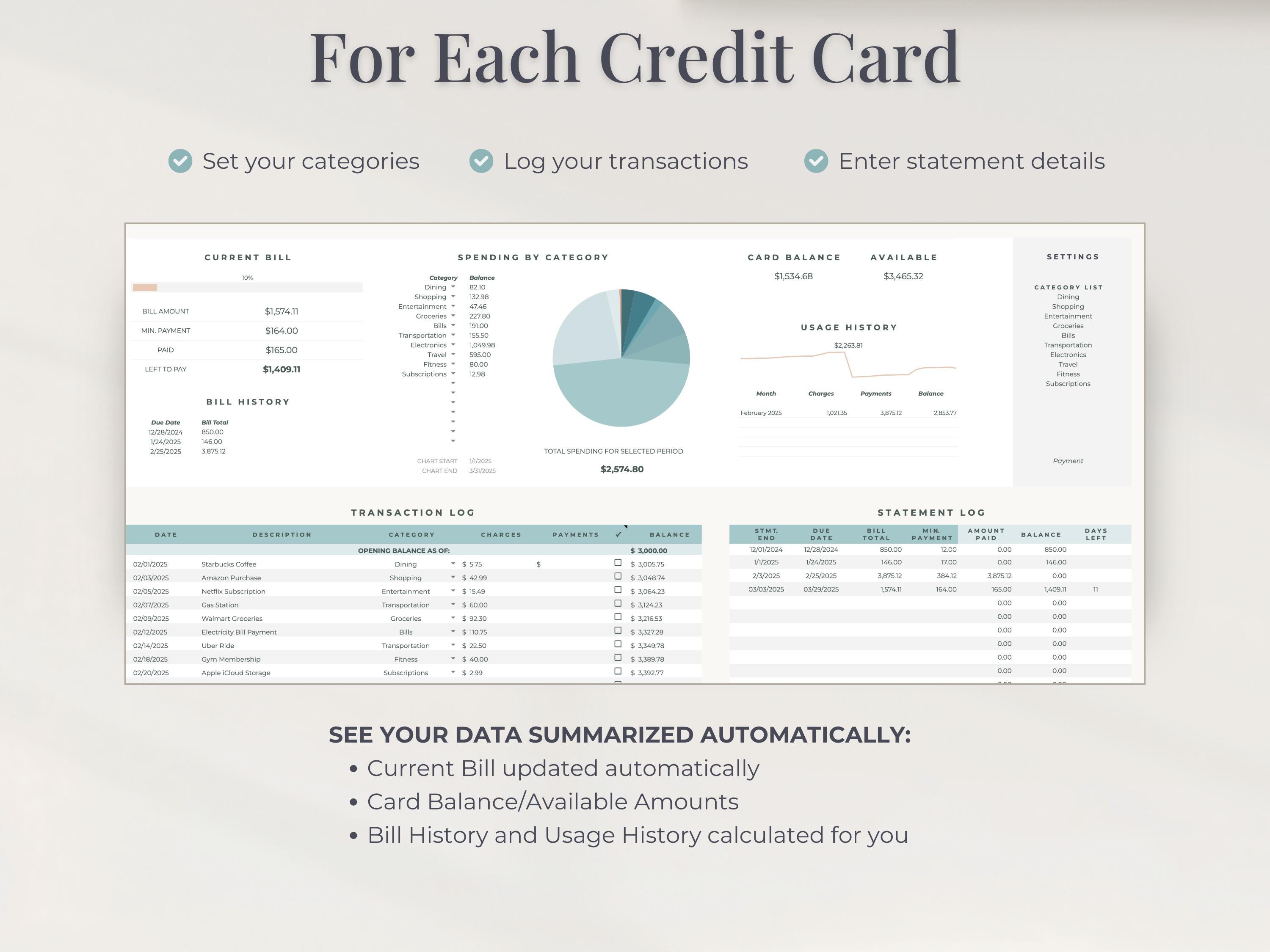 Credit Card Tracker Log Template, Personal Finance Spreadsheet, Expense ...