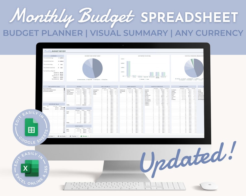 Monthly Budget Spreadsheet for Excel, Google Sheets, Instant Download ...