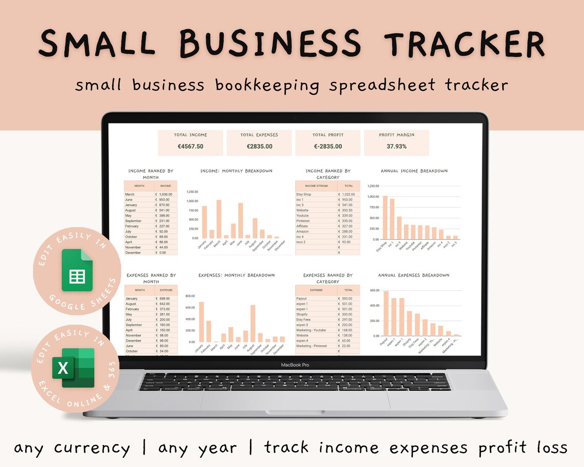 Small Business Bookkeeping, Cute Excel Bookkeeping Spreadsheet, Google ...