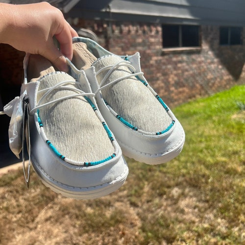 Custom Turquoise Beaded & Cowhide Hey Dudes - Etsy