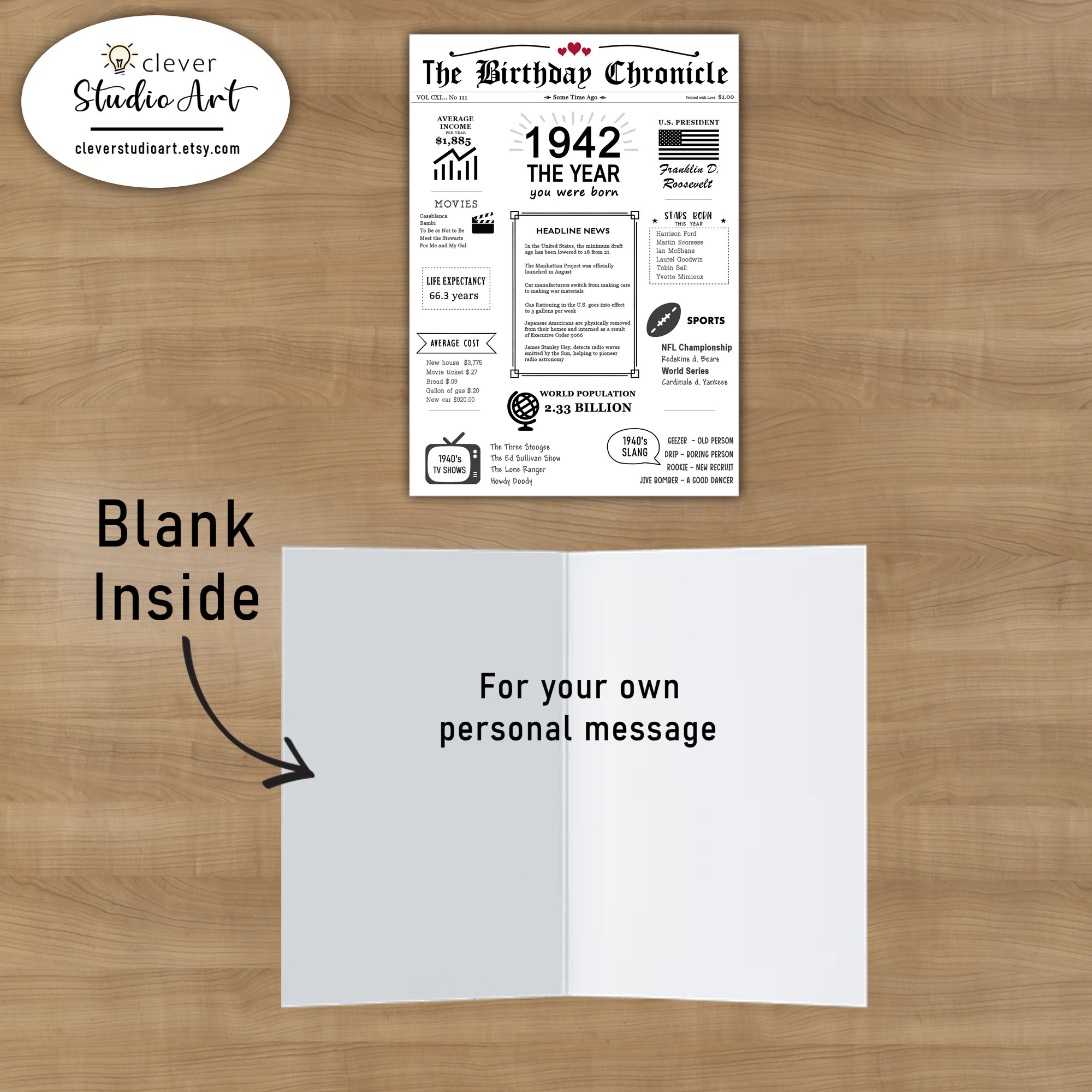 1942 Year You Were Born PRINTABLE Birthday Card, 1942 Birthday Card ...
