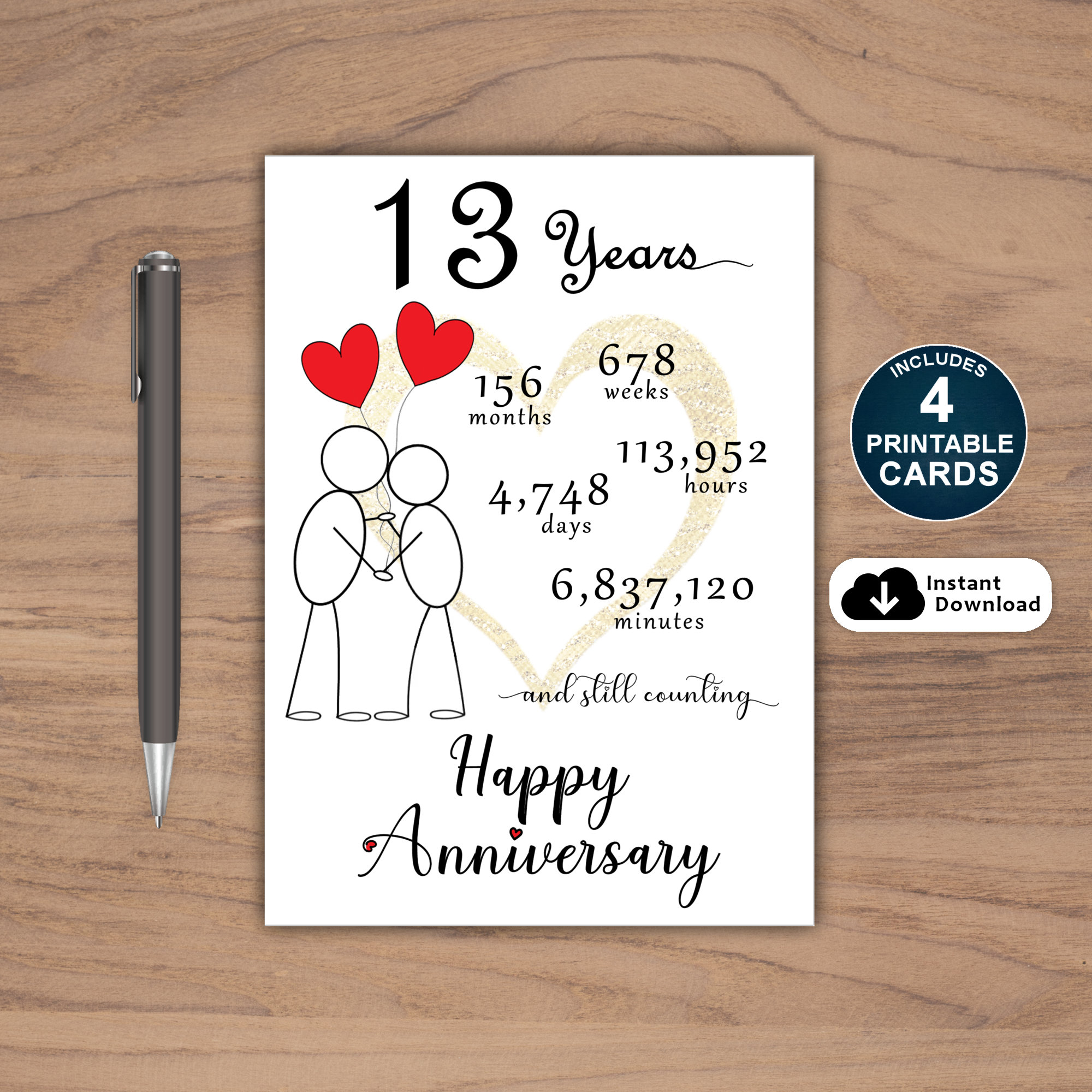 13th Anniversary Card, Printable 13th Anniversary Card, 13 Year ...