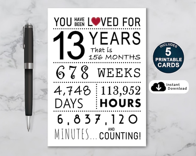 Light Blue 13th Birthday Card, Printable Birthday Card, 13th Birthday ...