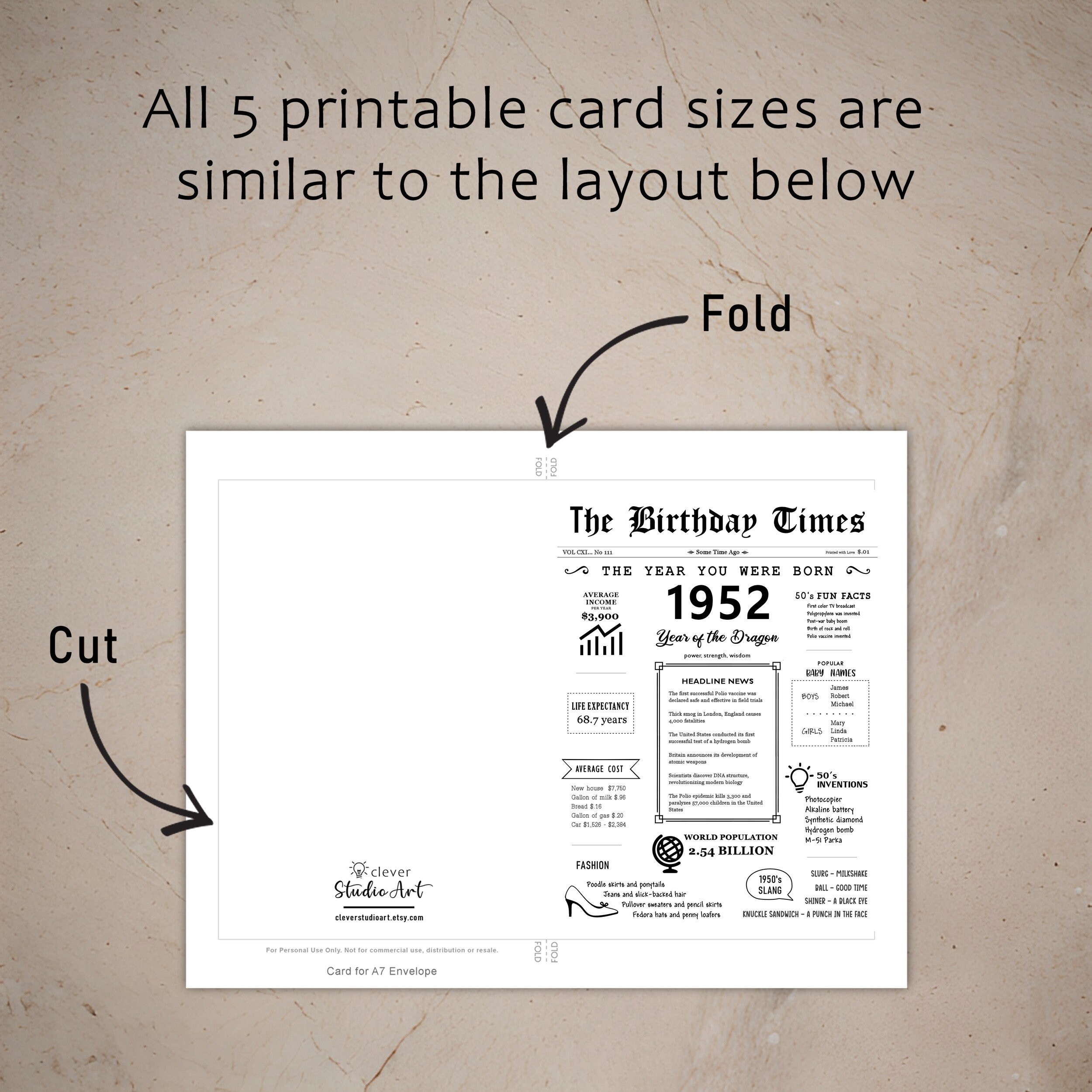 1952 Year You Were Born PRINTABLE Birthday Card, 1952 Birthday Card ...