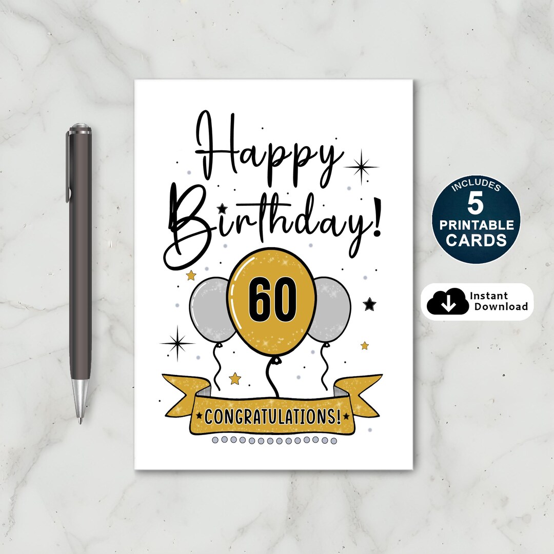 Printable 60th Birthday Card: Balloons & Congratulations (PDF) - Etsy