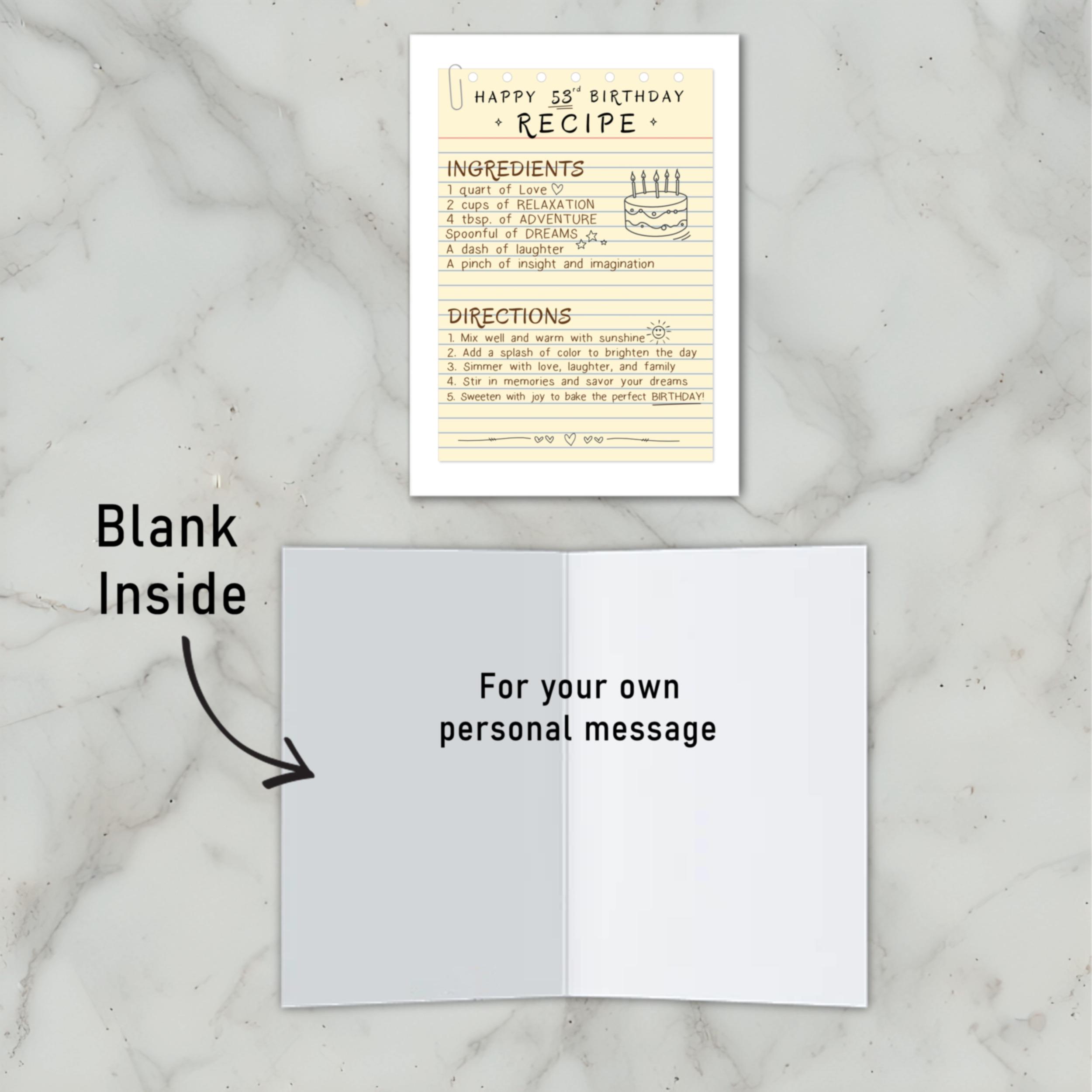 53rd Birthday Recipe Card, Fun Printable Gift (PDF) - Etsy