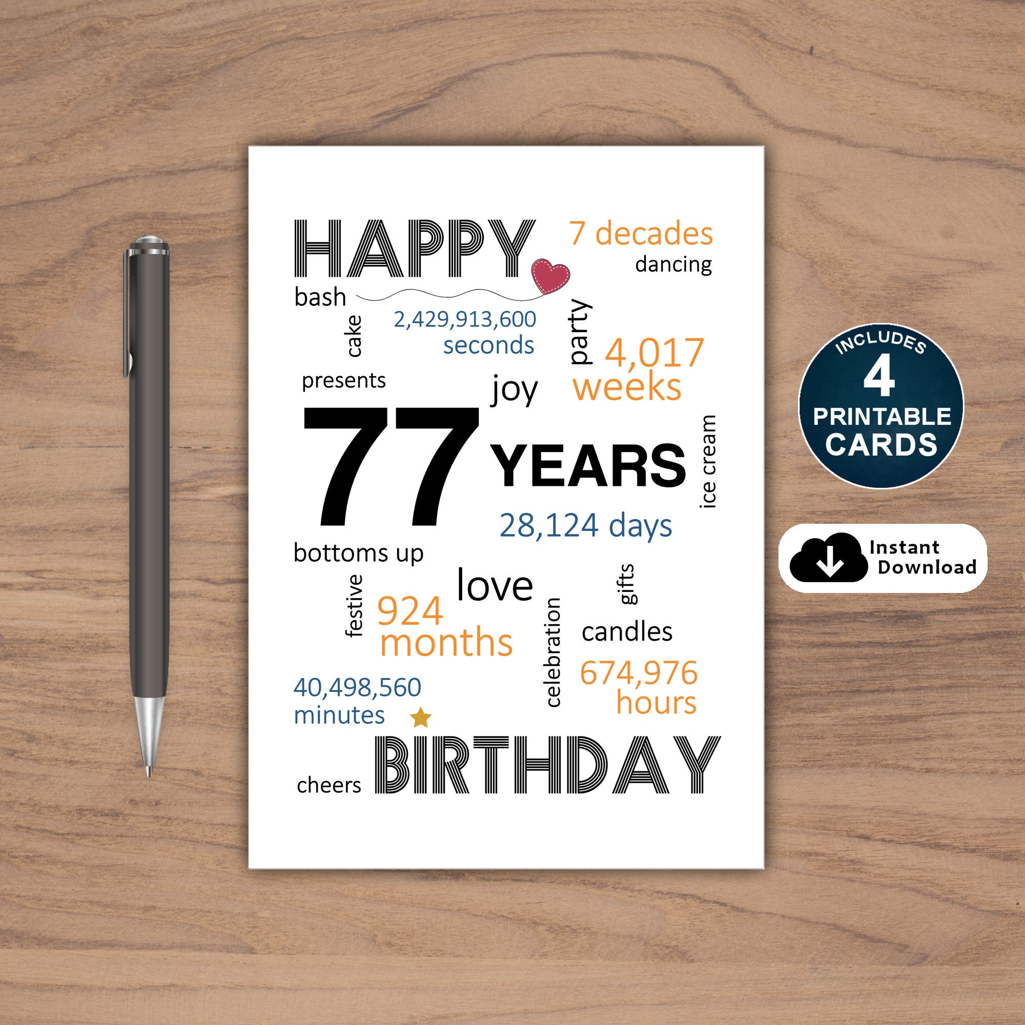 77th Birthday Card, Card for 77th Birthday, Printable 77th Birthday Card, Instant Download - Etsy