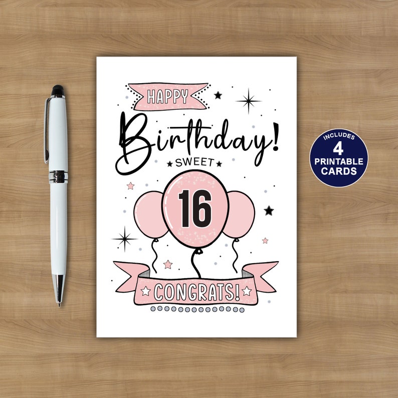 Printable 16th Birthday Card in Pink Sweet 16 Birthday Card Happy 16th ...