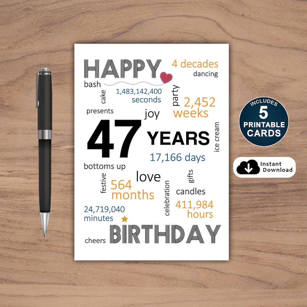 47th Birthday Card: Celebration Word Art (printable PDF) - Etsy