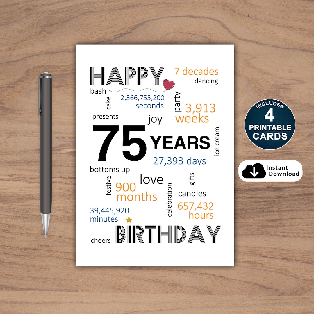 75th Birthday Card, Card for 75th Birthday, Printable 75th Birthday ...