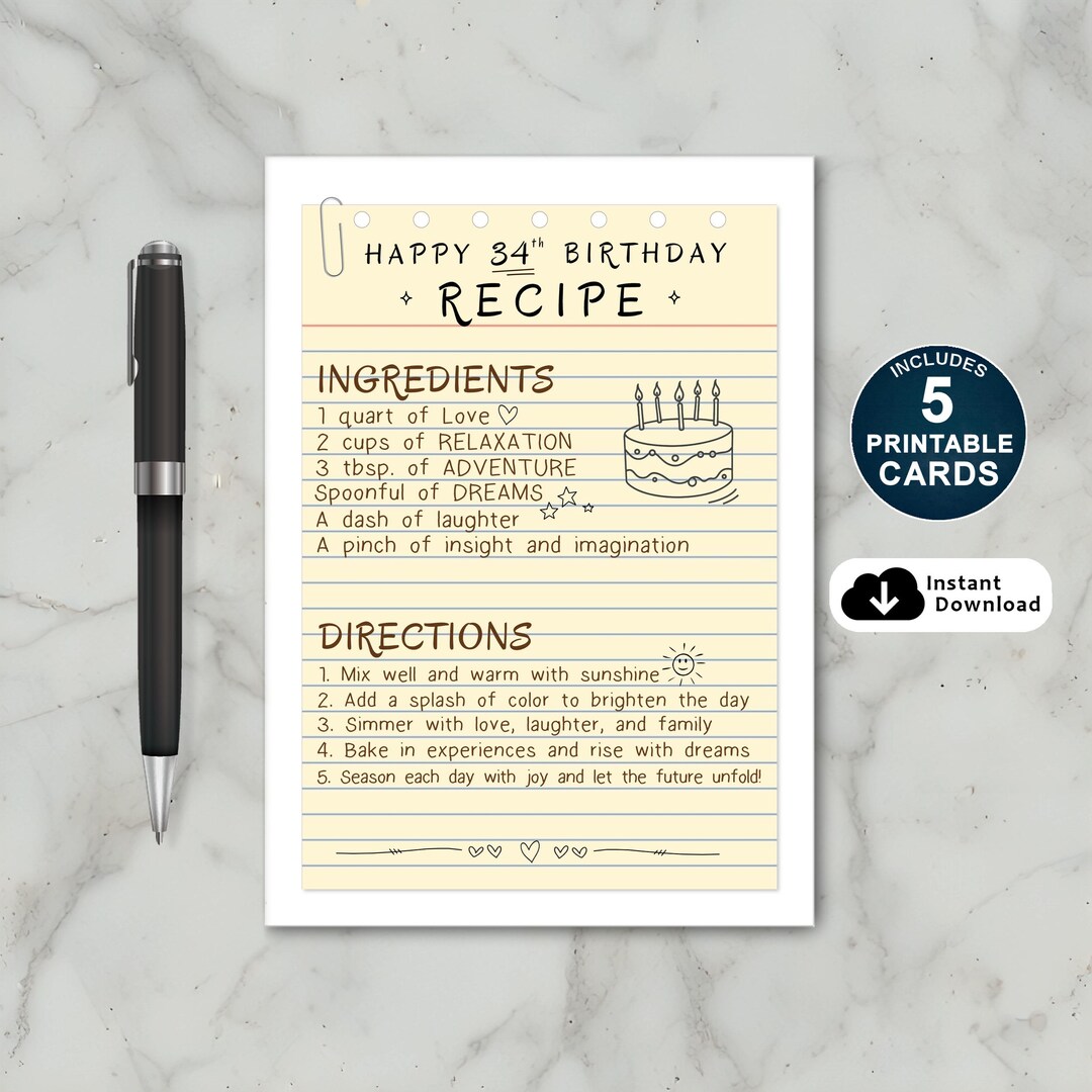 34th Birthday Card, Card for 34th Birthday, Printable 34th Birthday ...