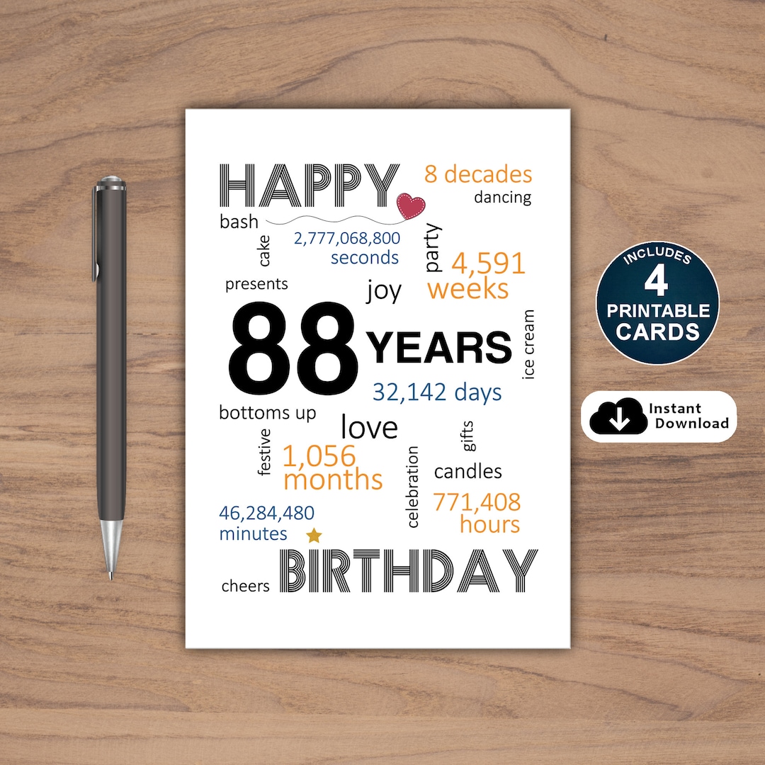 88th Birthday Card, Card for 88th Birthday, Printable 88th Birthday Card, Instant Download - Etsy