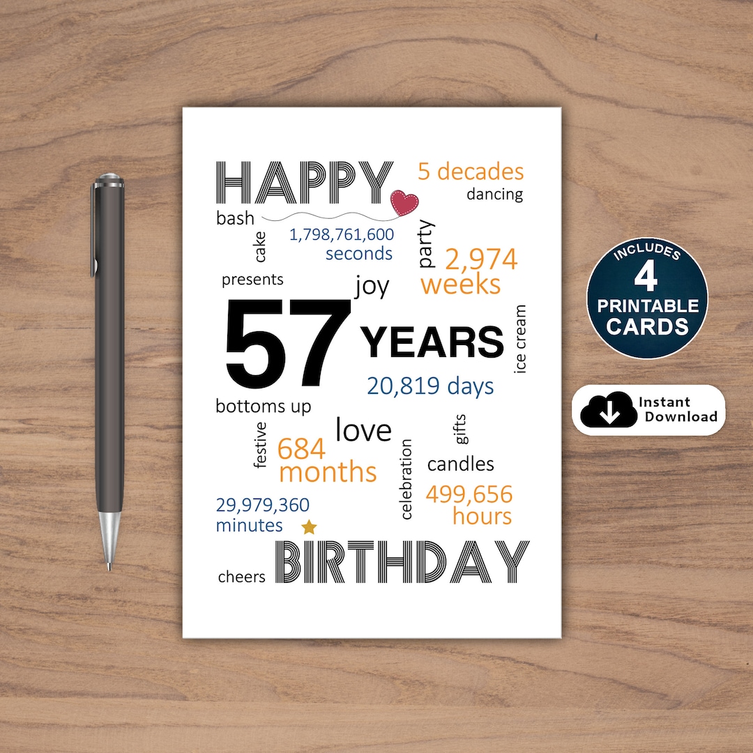 57th Birthday Card, Card for 57th Birthday, Printable 57th Birthday ...