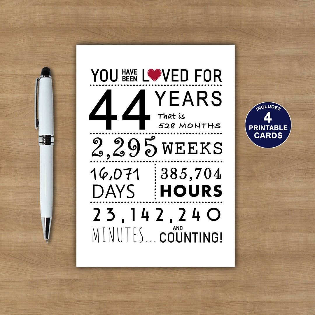 44th Birthday Card, Printable Birthday Card, You Have Been Loved 44 ...