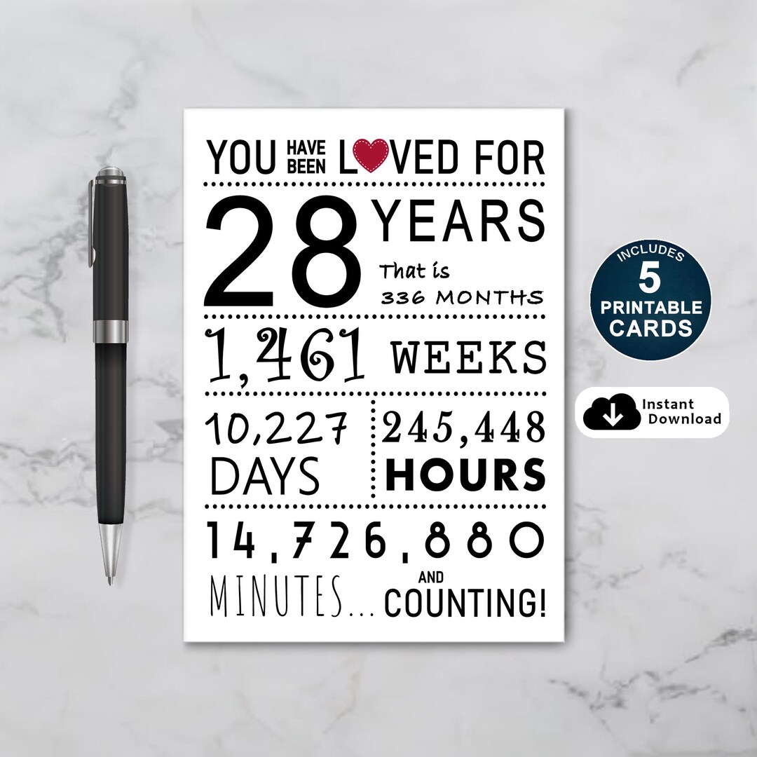 28th Birthday Card: Loved for 28 Years (printable PDF) - Etsy