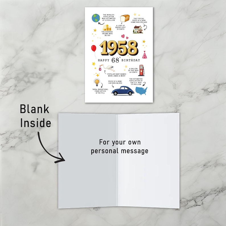 68th Birthday Card: 1958 Fun Facts, Printable Keepsake (instant ...