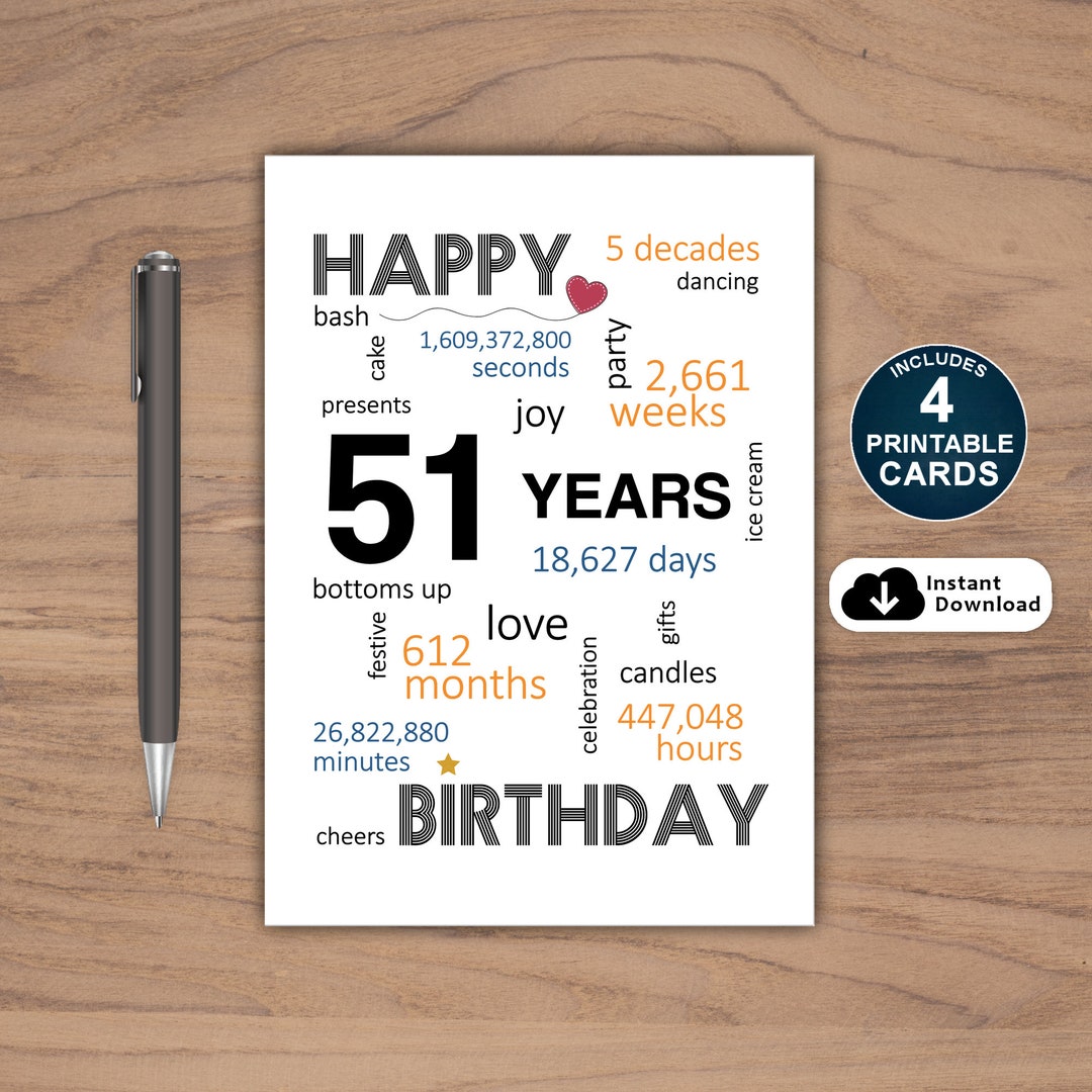 51st Birthday Card, Card for 51st Birthday, Printable 51st Birthday ...