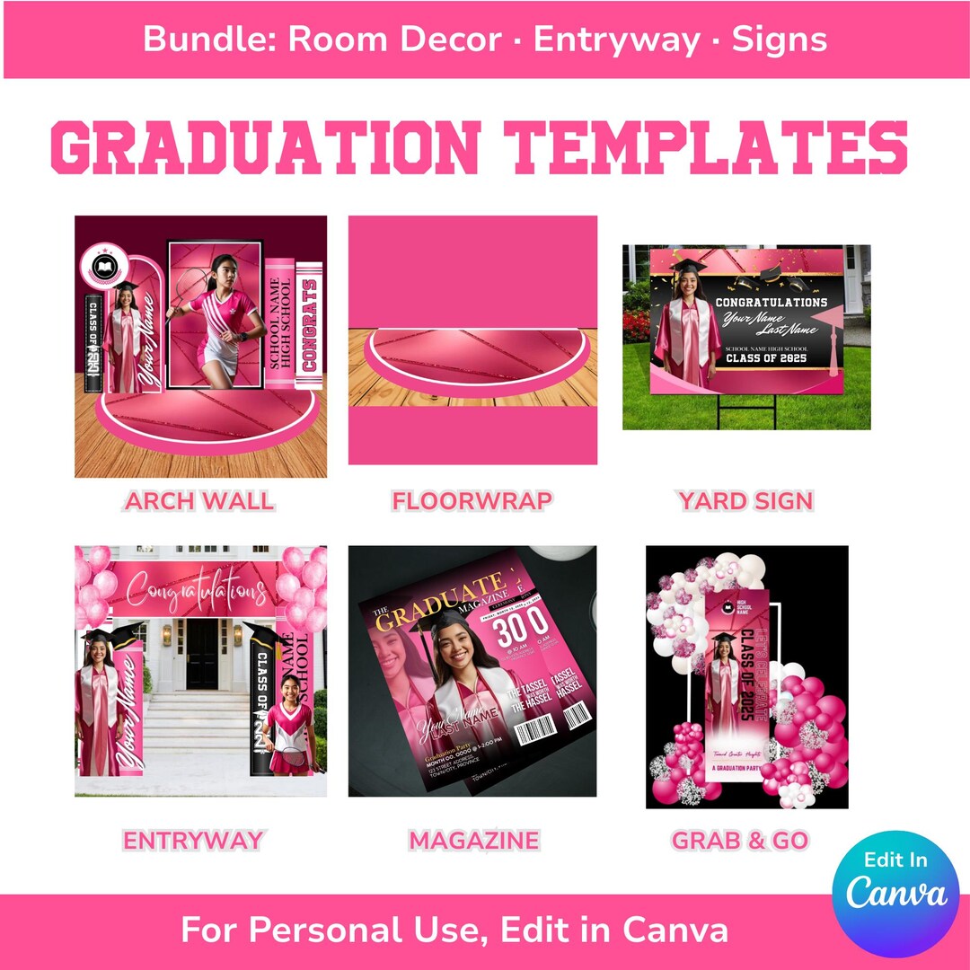 Pink Graduation Party Decorations Bundle, Editable Canva Templates ...