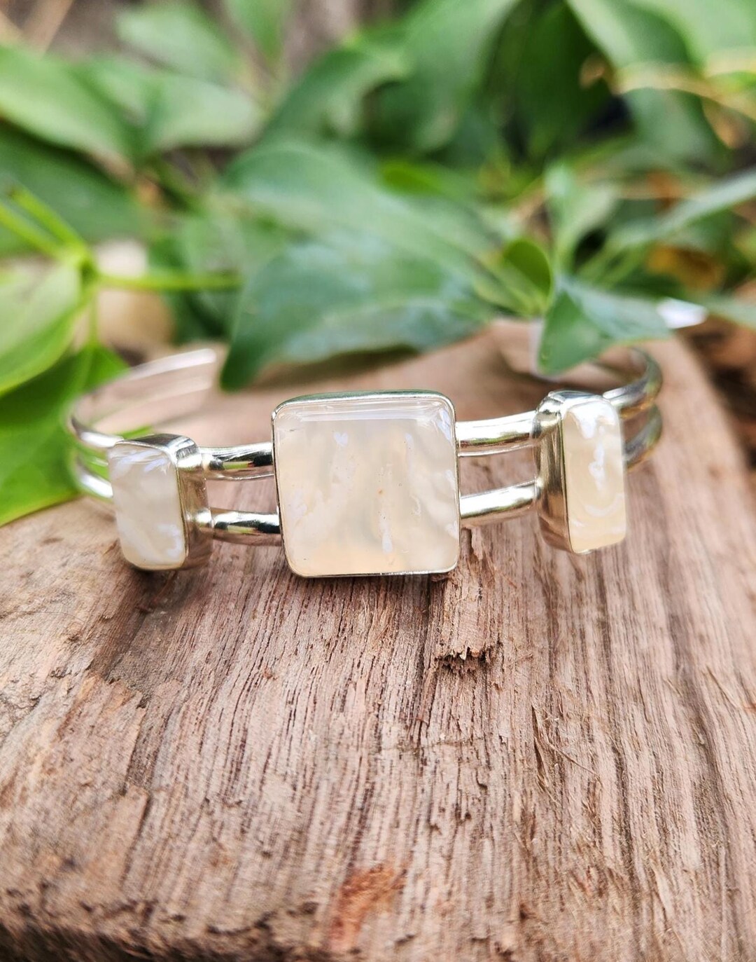 Hand Cut White Moss Agate Cuff Bracelet – Sterling Silver, Adjustable ...