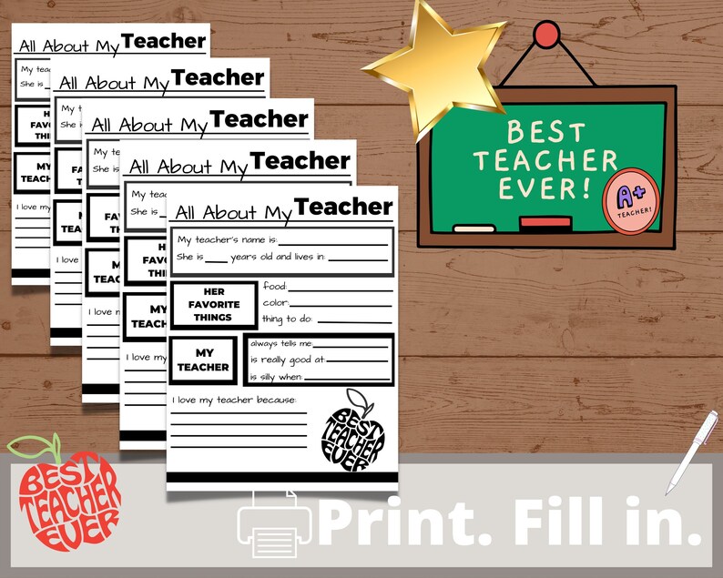 ALL ABOUT My TEACHER Printable Form Questionnaire Fill in the Blank ...