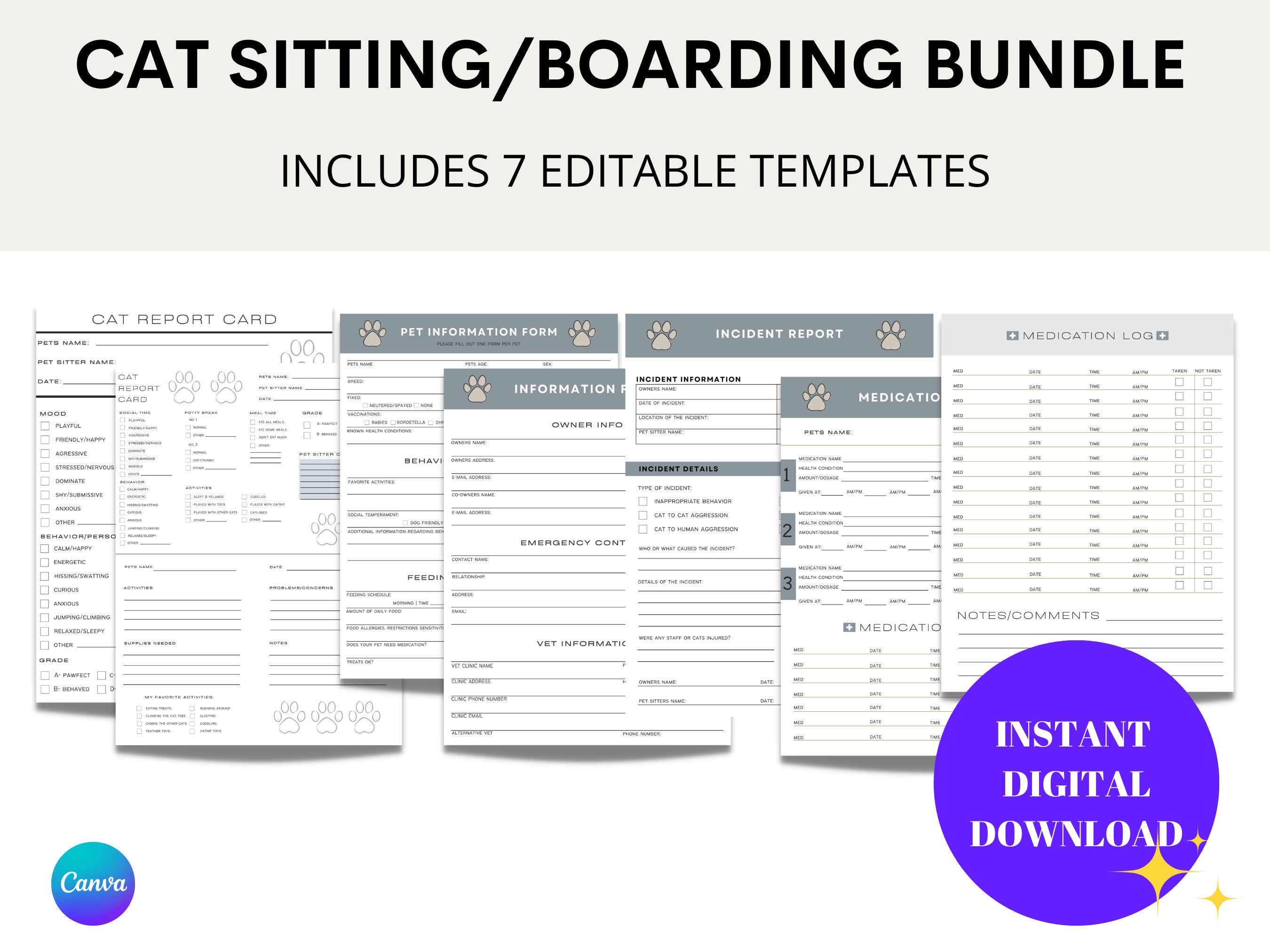 Cat Boarding Form Template Editable Template Cat Report Card Cat ...