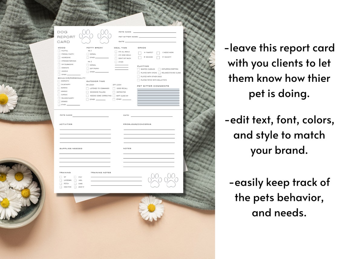 Dog Boarding/sitting Report Card Template Editable Template Dog Report ...