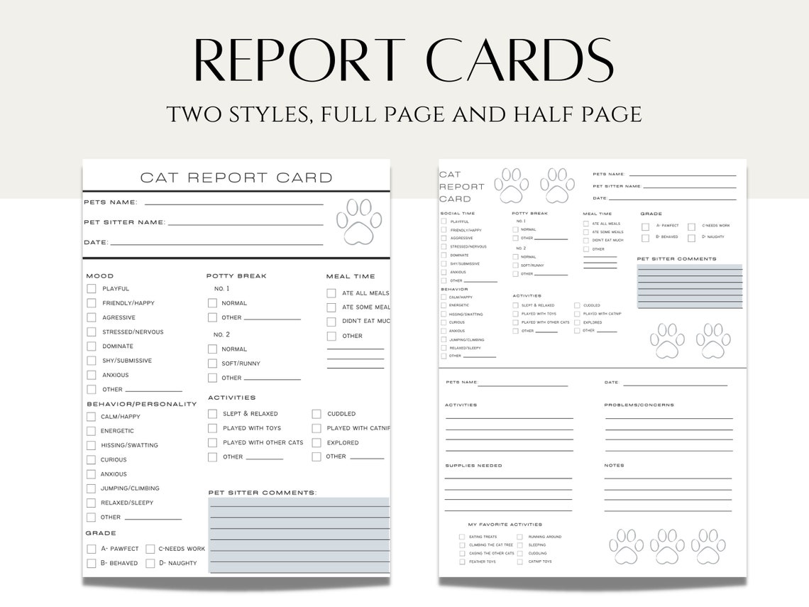 Cat Boarding Form Template Editable Template Cat Report Card Cat ...