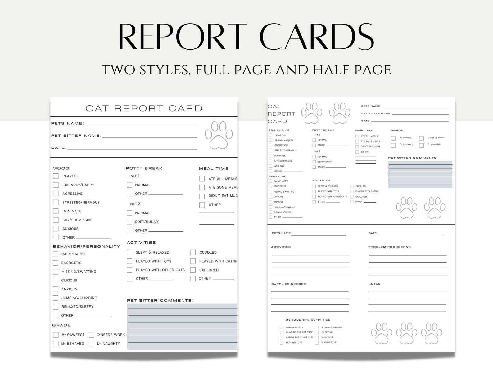 Cat Boarding Form Template Editable Template Cat Report Card Cat ...