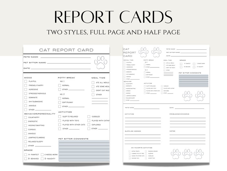 Cat Boarding Form Template Editable Template Cat Report Card Cat ...