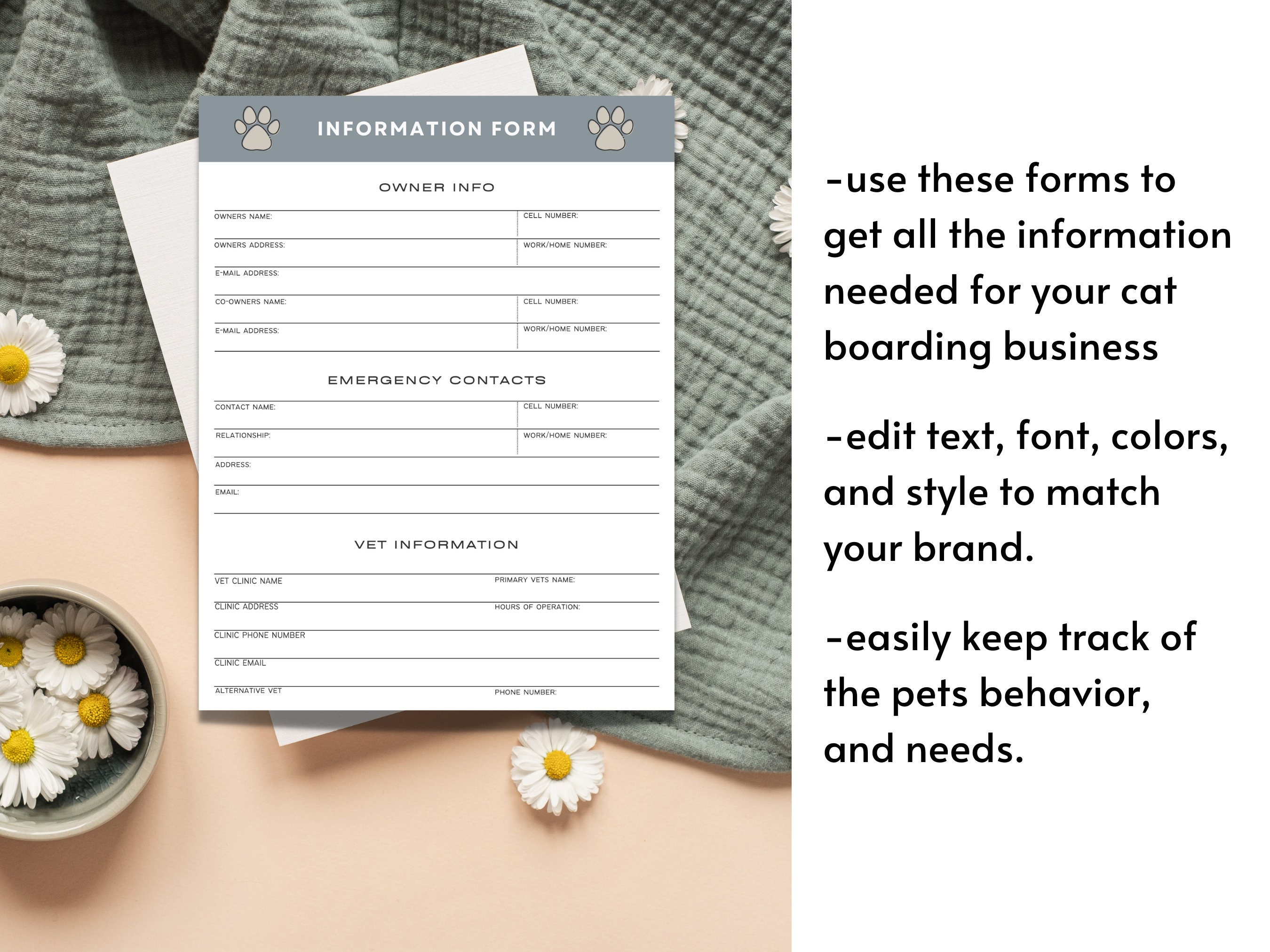 Cat Boarding Form Template Editable Template Cat Report Card Cat ...