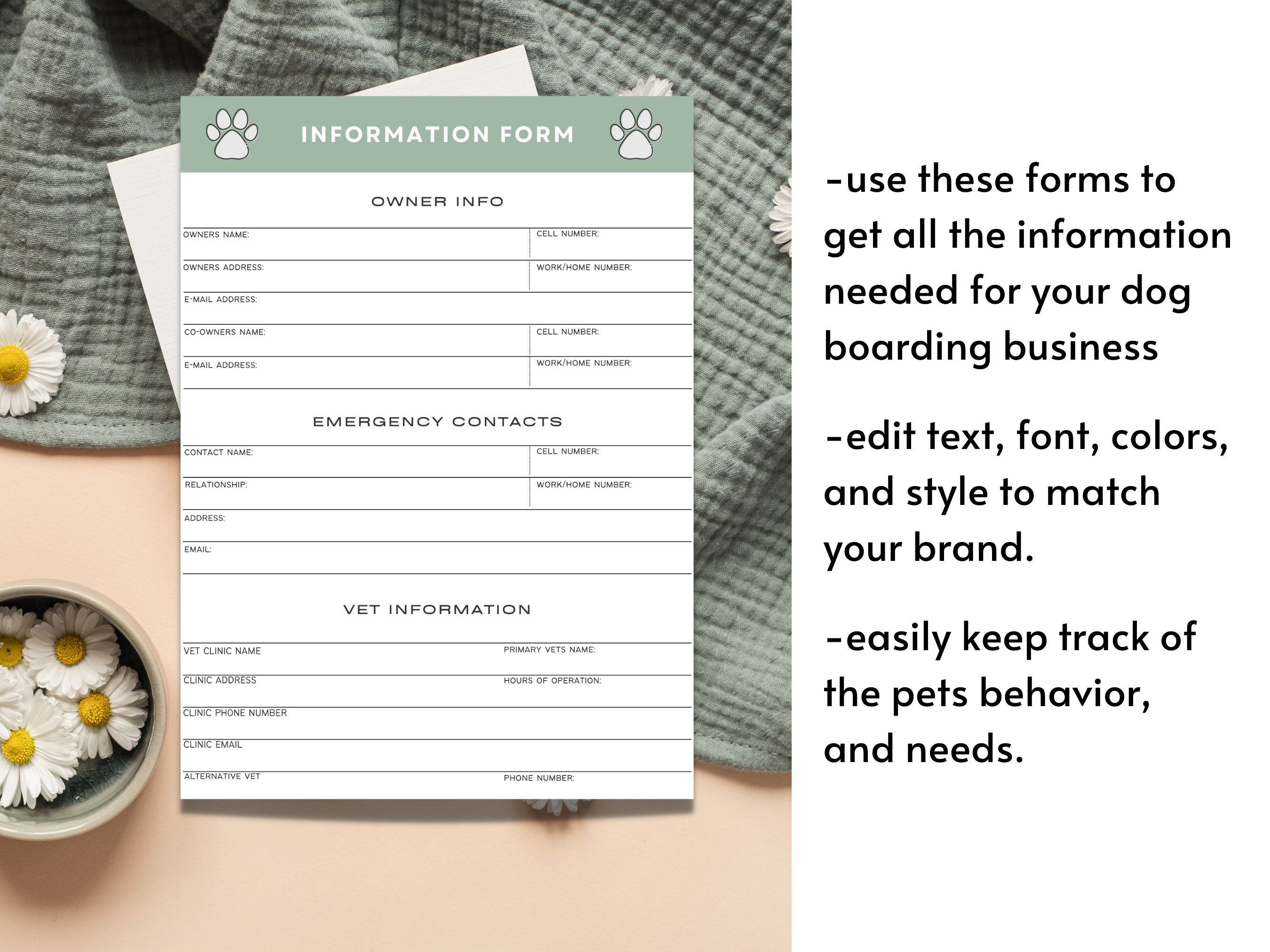 Dog Boarding Form Template Editable Template Dog Report Card Dog ...