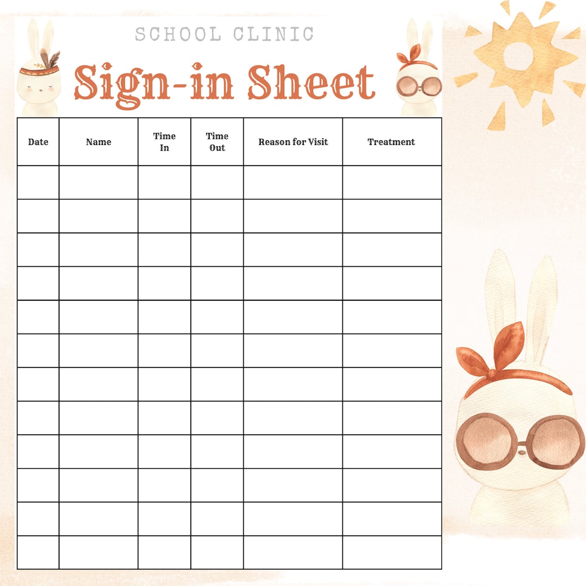 School Nurse Sign-in Sheet / BOHO Bunny / School Clinic Sign-in Sheet ...