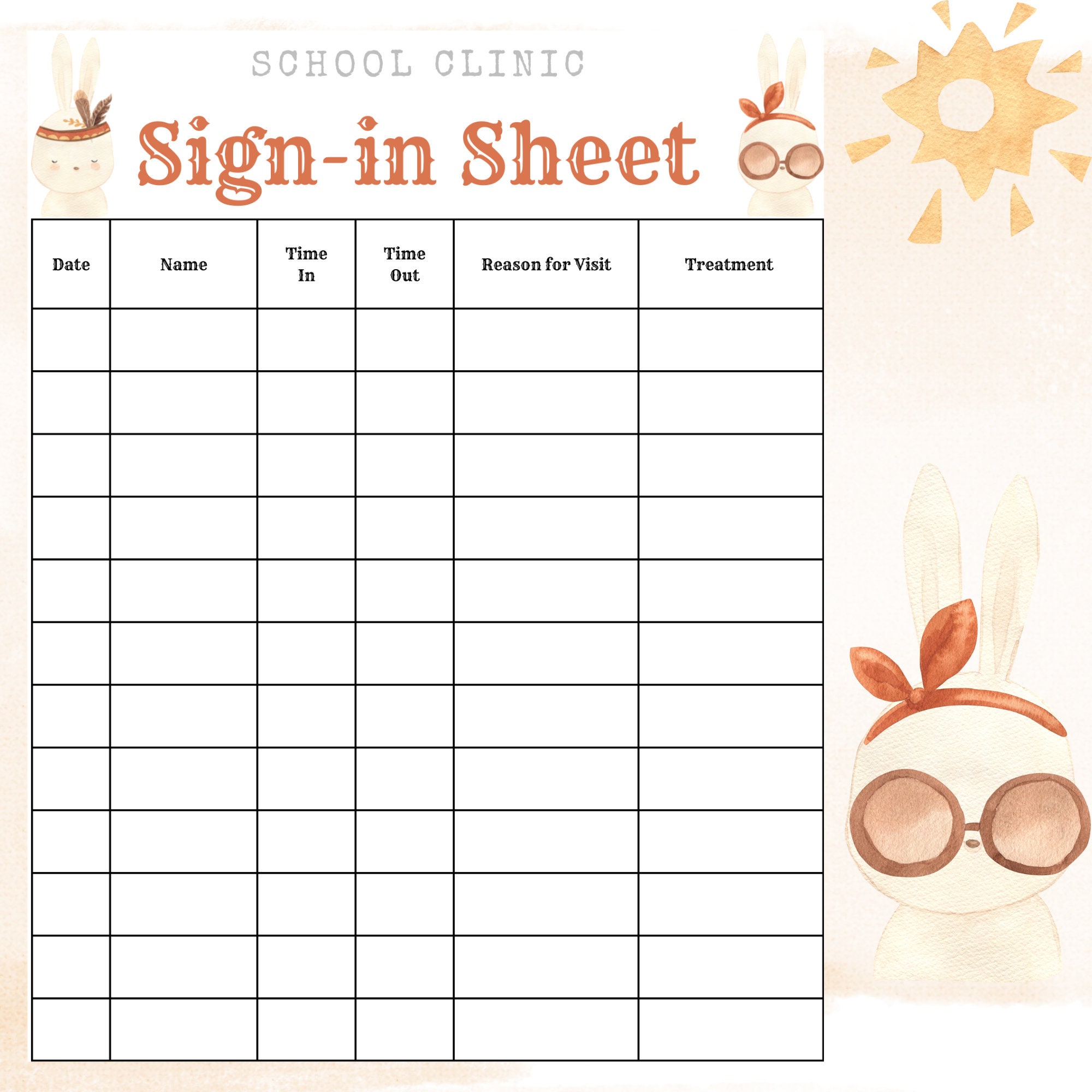 School Nurse Sign-in Sheet / BOHO Bunny / School Clinic Sign-in Sheet ...
