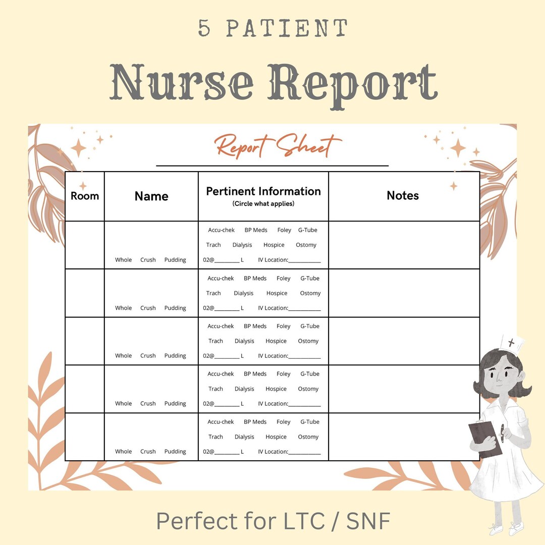 LTC Nurse Report Sheet: 5 Patient Shift Change (digital Download) - Etsy