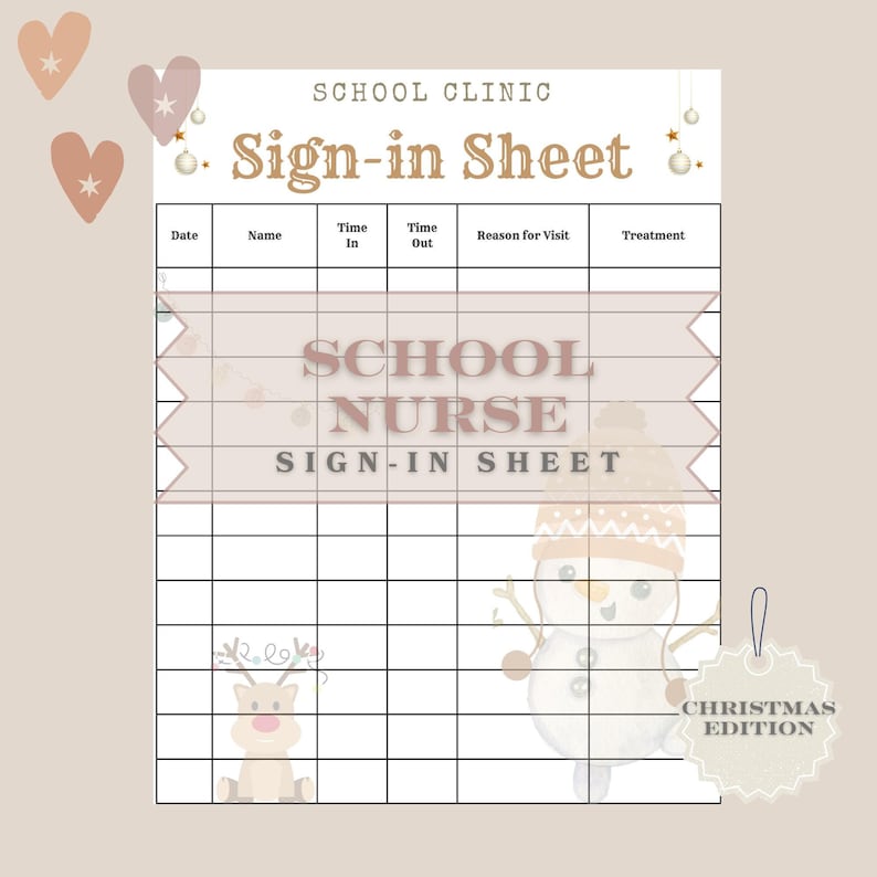 School Nurse Sign-in Sheet ~ School Clinic ~ Christmas Edition ~ Nurse ...