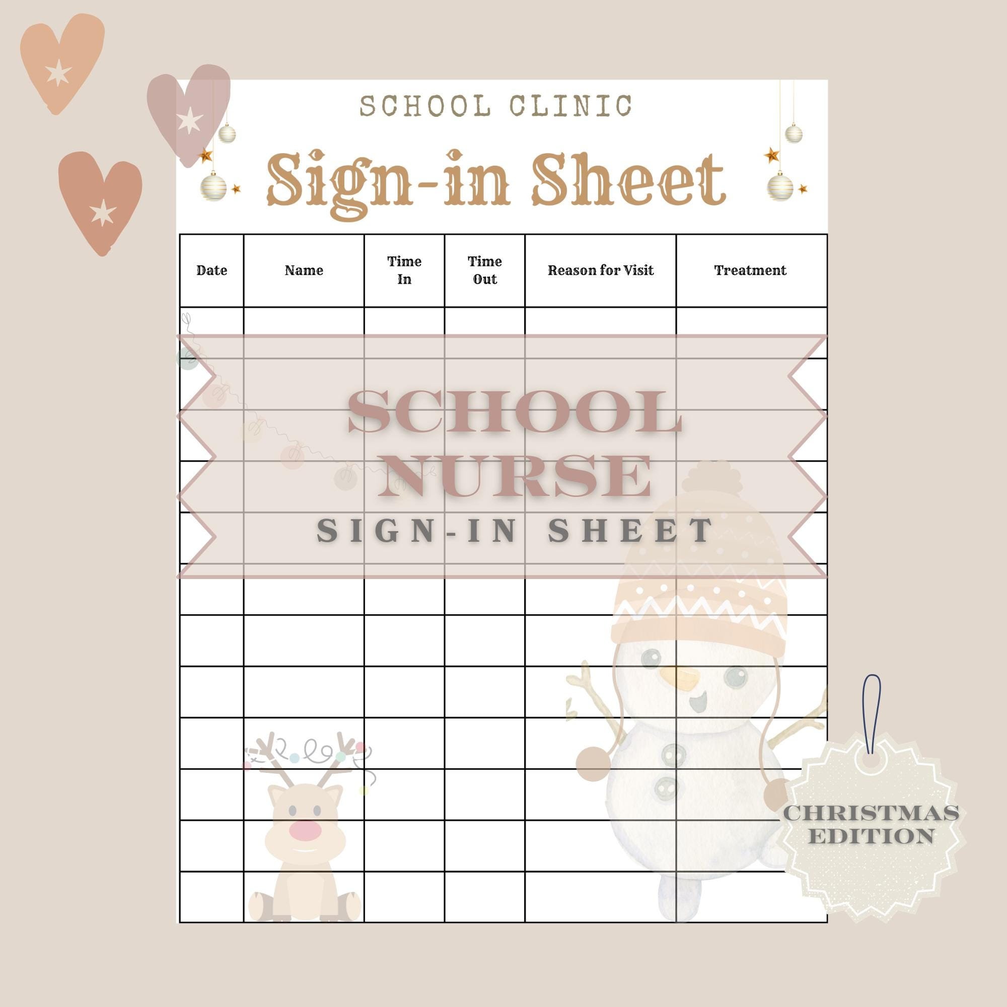Christmas School Nurse Sign-in Sheet: Clinic Report (digital Download ...