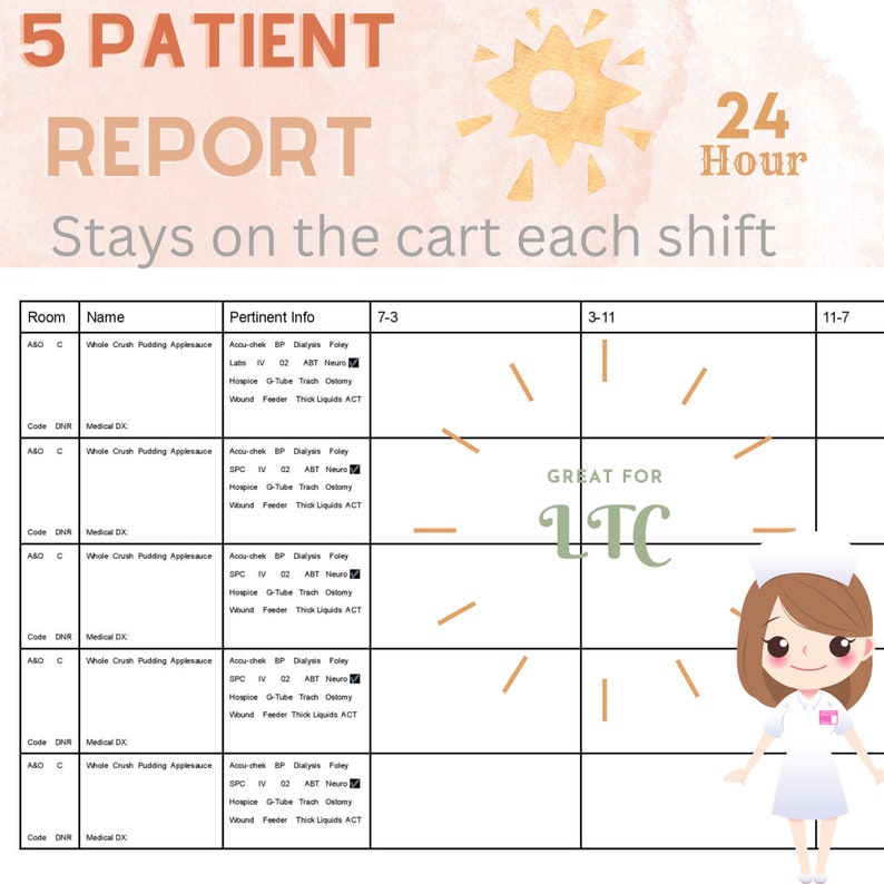 LTC Nurse Shift Report: 5 Patient Chart (digital Download) - Etsy
