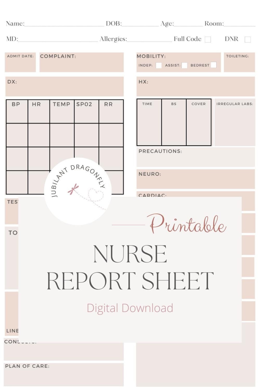 Nurse Report Sheet: Shift Change Printable (digital Download) - Etsy