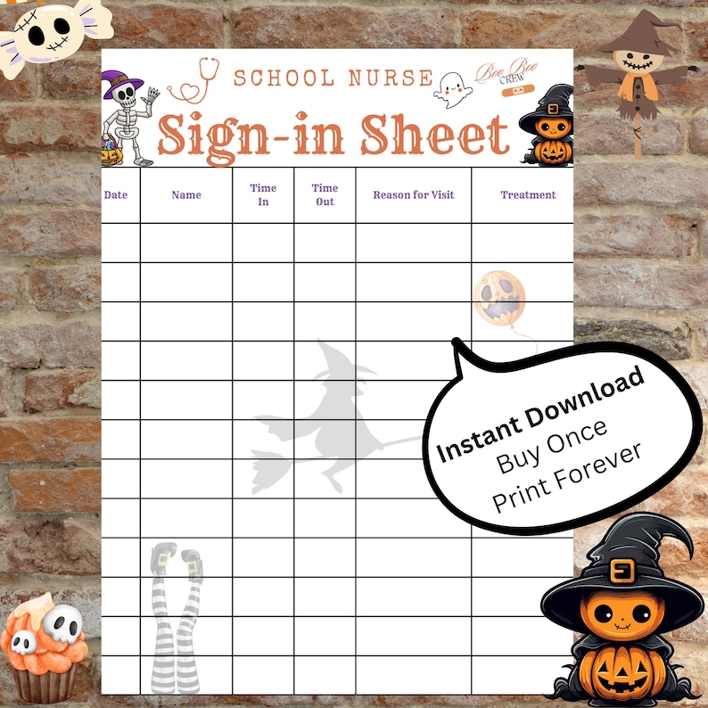School Nurse Sign-in Sheet ~ Halloween Edition ~ Sign in Sheet ~ School ...